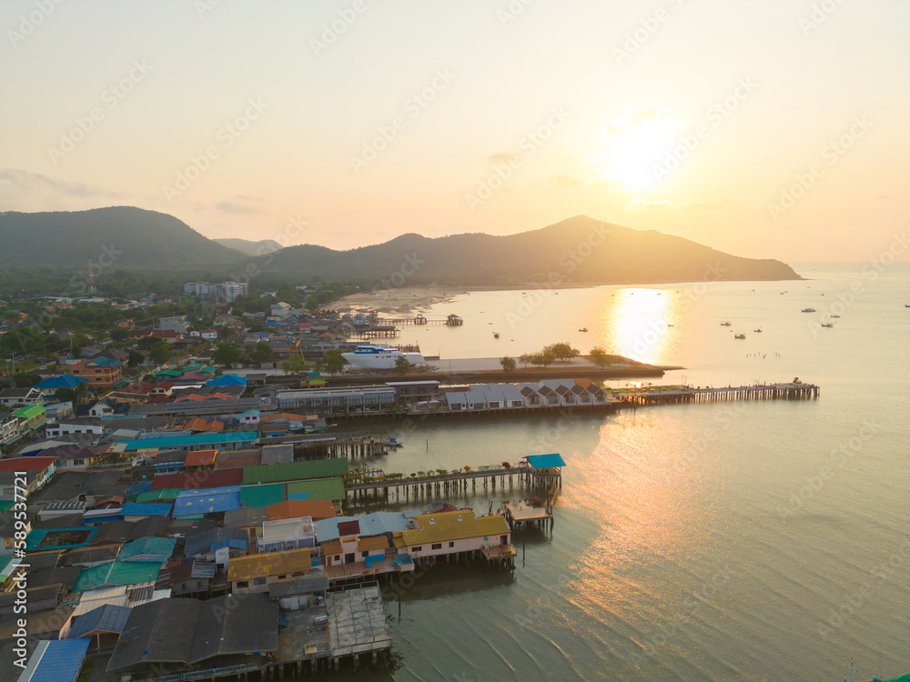 Aerial view of Chonburi port, Pattaya sea, beach in Thailand in summer ...