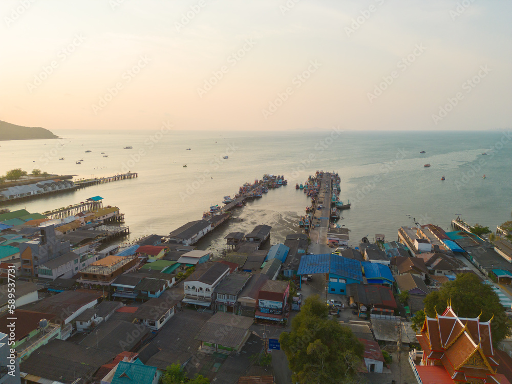 Aerial view of Chonburi port, Pattaya sea, beach in Thailand in summer ...