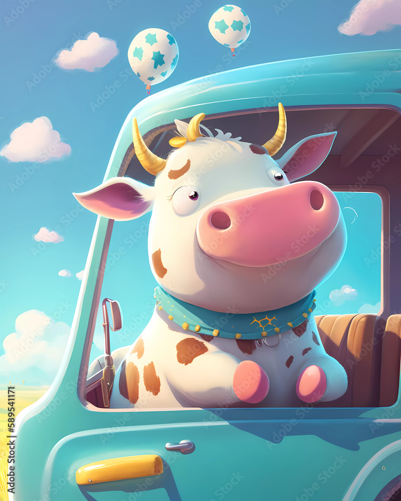 Cow driving car , Cow riding car , Soft Illustration cartoon ...