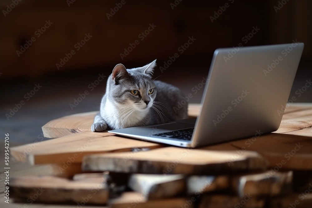 Cat in front of laptop, cat working in laptop concept art Stock ...