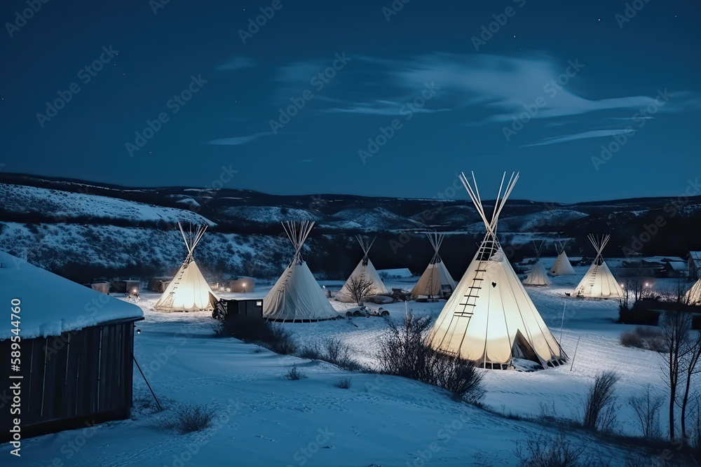 Native American village with traditional native Indian teepees during ...