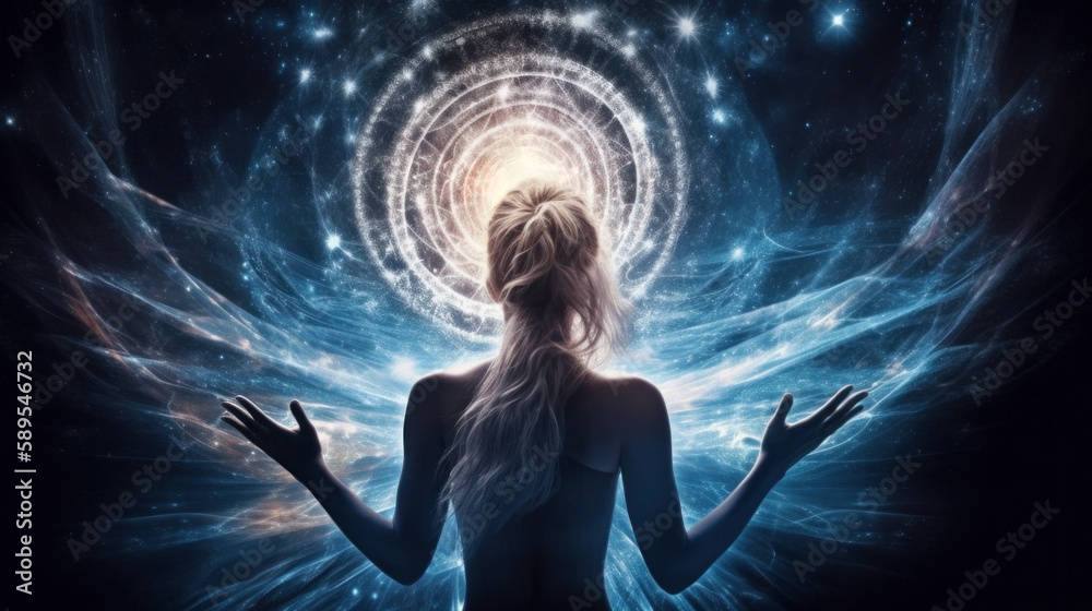 Woman standing in front of a spiritual portal connecting to the divine ...