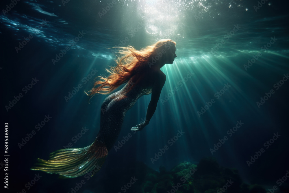 Ethereal mermaid swimming underneath the Turqoise sea. Generative Ai ...