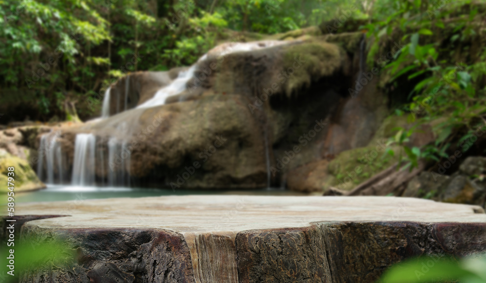 Wood table top podium floor in outdoor waterfall green tropical forest ...