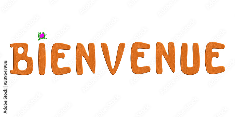 Le mot bienvenue écrit en lettres en bois et décoré d'une fleur rose ...