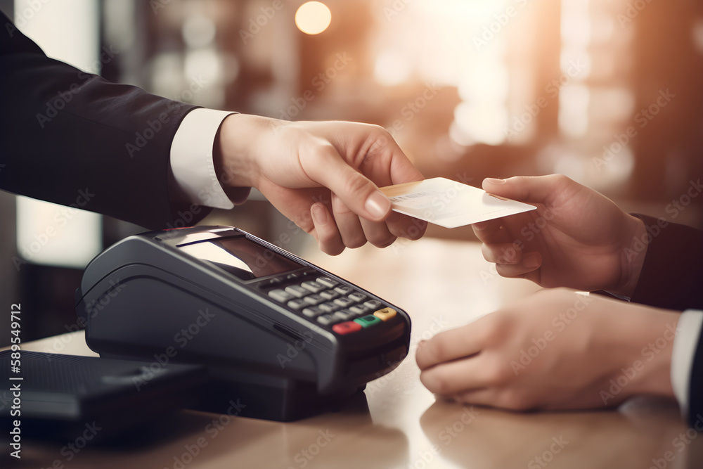 Hand using payment terminal device and credit card, side view close up ...