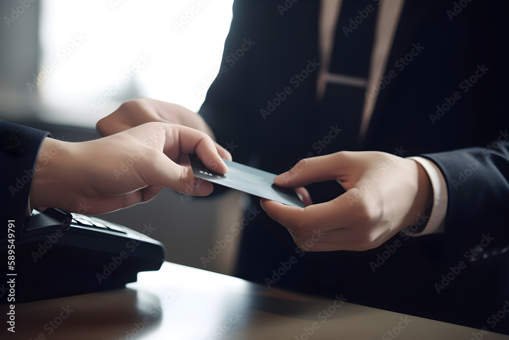 Hand using payment terminal device and credit card, side view close up ...