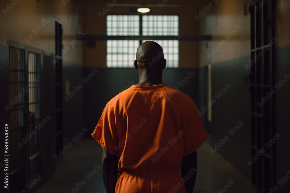 Black prisoner, back view of bald African American in an orange uniform ...