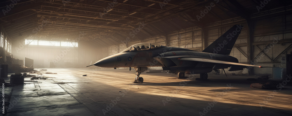 Military fighter jet parked inside a hangar. world war conflict and air ...