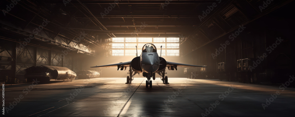 Sleek and modern fighter jet on display in military hangar with ...