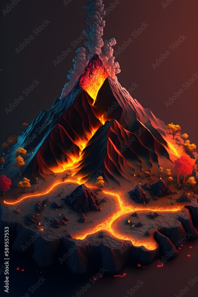 Isometric Voxel Art Depicting a Dramatic Panoramic Scene of a Volcano ...