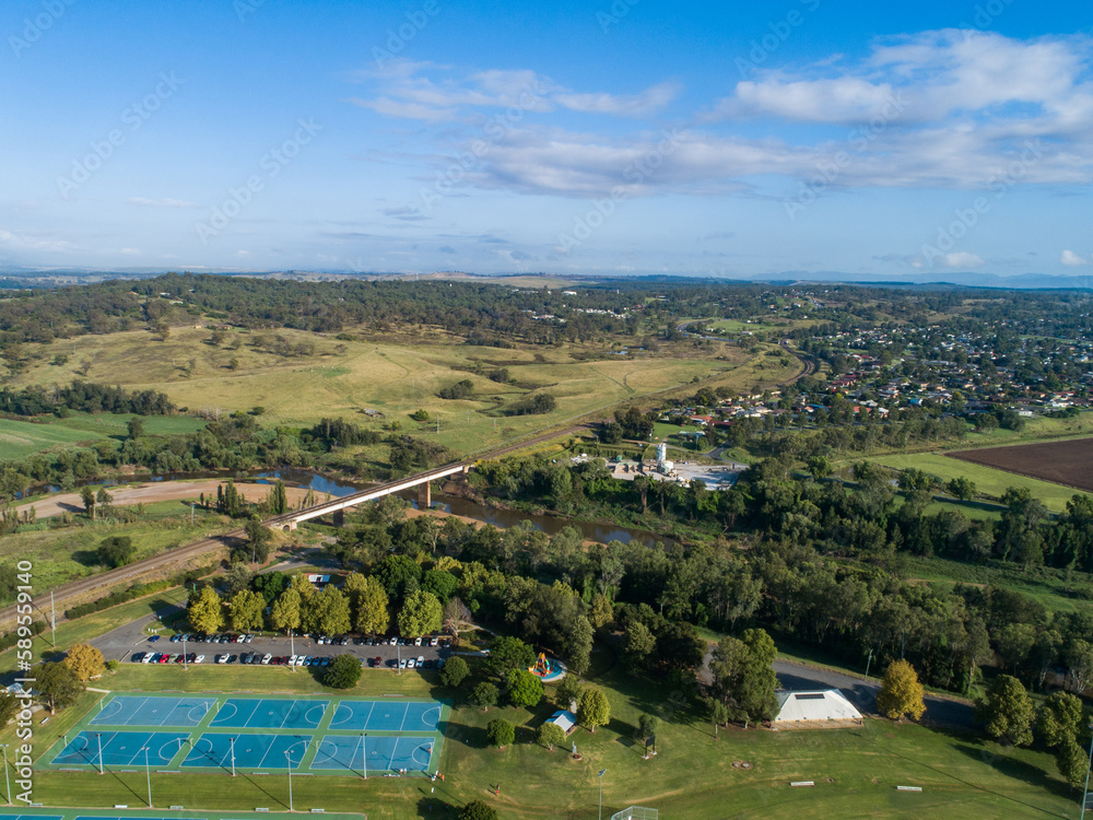 Drone view of rose point recreation area at edge of Singleton with ...