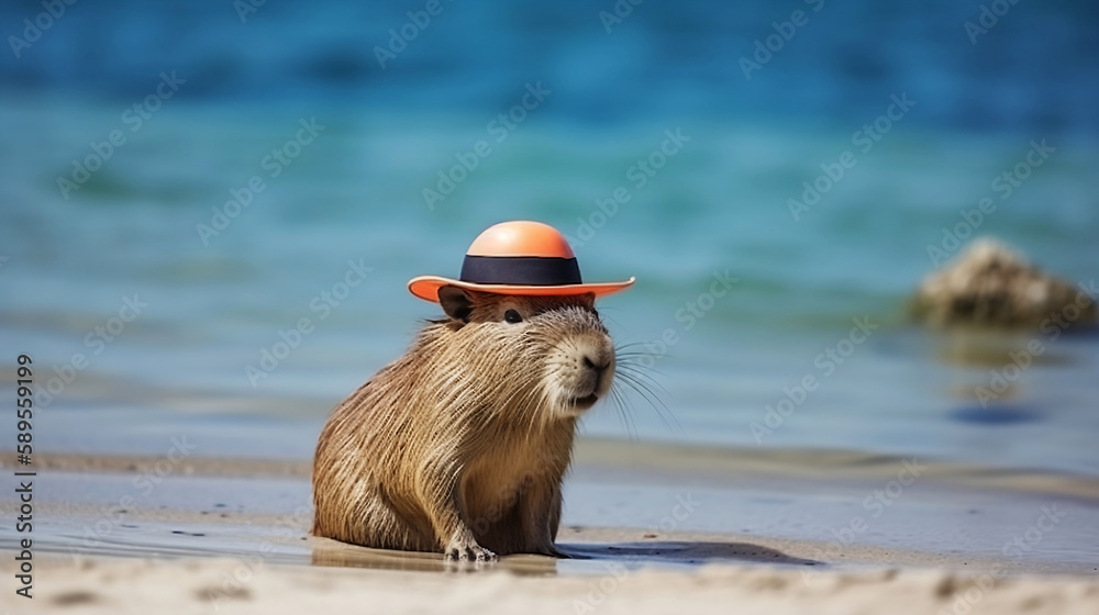cute capybara in orange hat resting on shore of sea or river animals ...