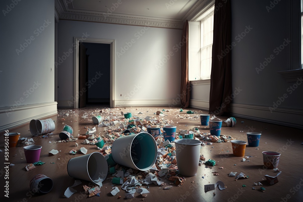 empty room after party littered with empty cups from alcoholic drinks ...