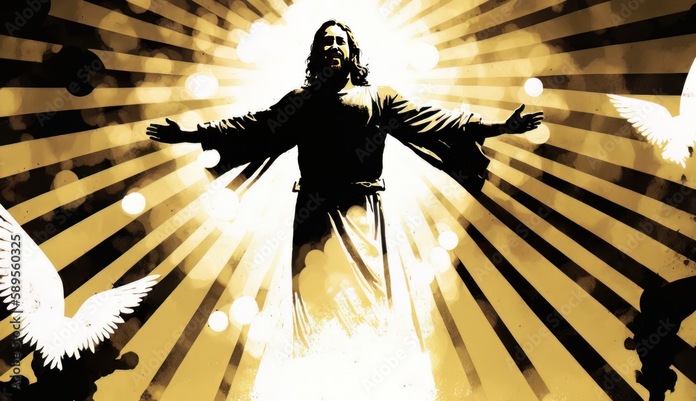 Jesus from behind and doves. ascension of Jesus christ. son of god in ...