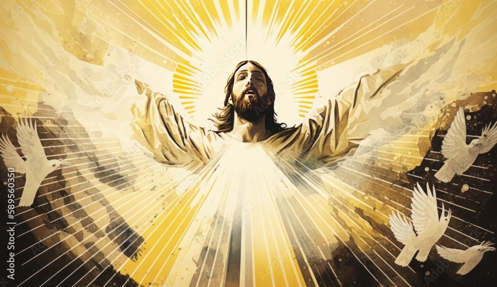 Jesus from behind and doves. ascension of Jesus christ. son of god in ...