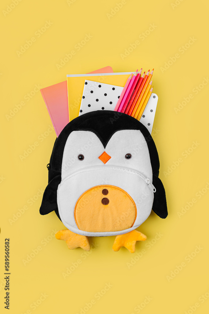 Plush penguin backpack with stationery and supplies for drawing and ...