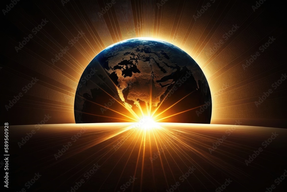 a silhouette of the sun rising over a globe, with rays of light ...