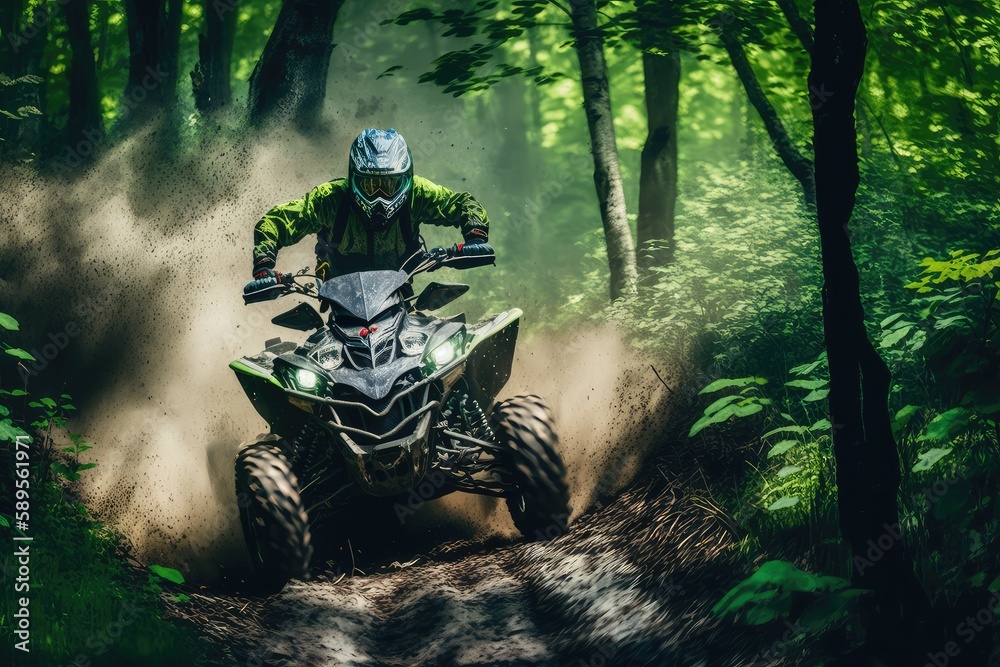 atv rider speeding through dense forest, whipping past trees and bushes ...