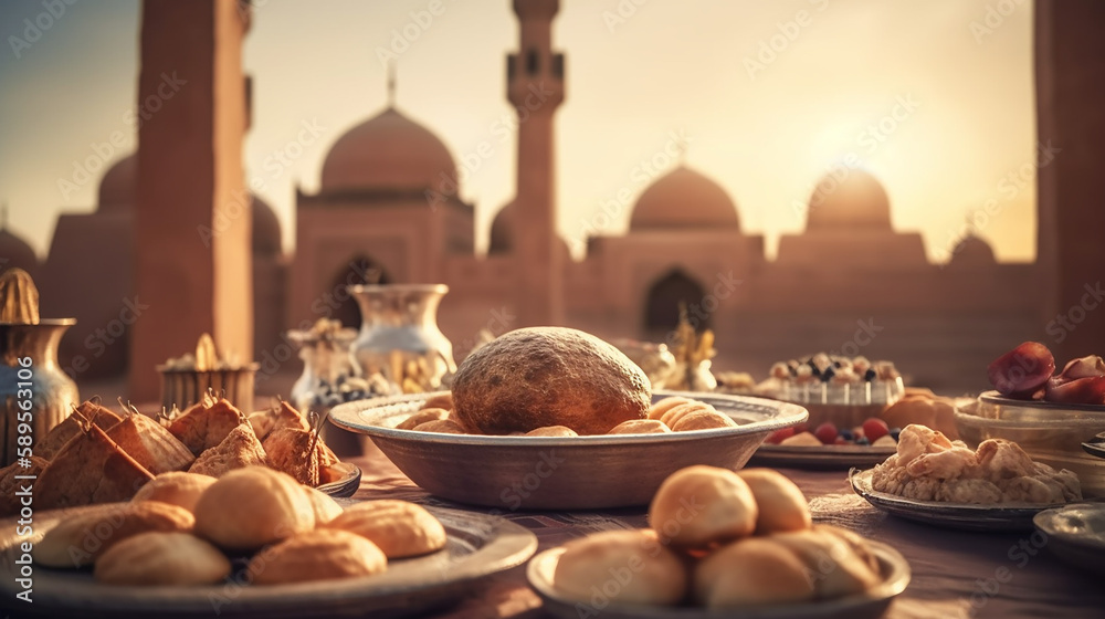 ramadan food mosque background , Generative AI , illustration Stock ...