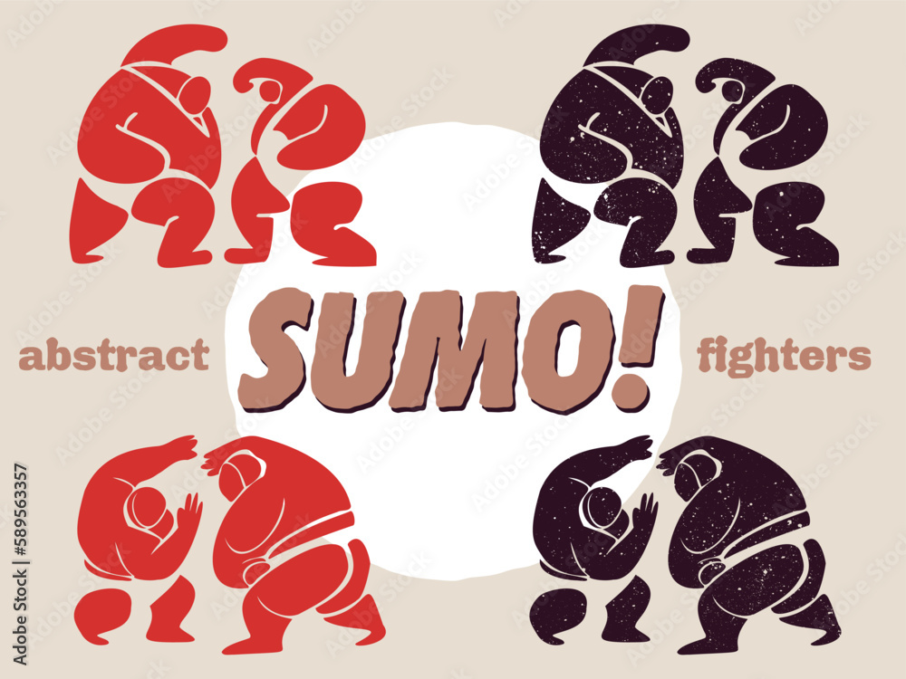 Sumo wrestlers character set, abstract sumoist athletes in action ...