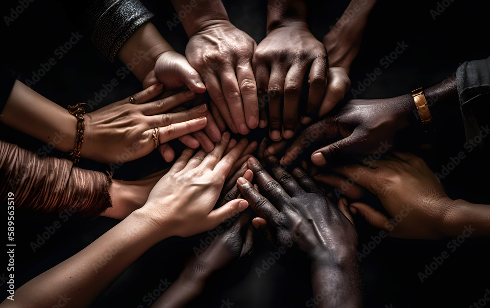 Multiracial group with black African-American Caucasian and Asian hands joining hands against ...