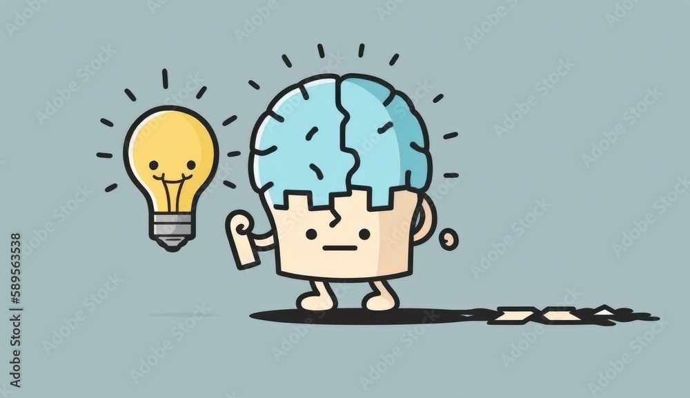 Cerebro animado con una bombilla representando una idea. Stock ...