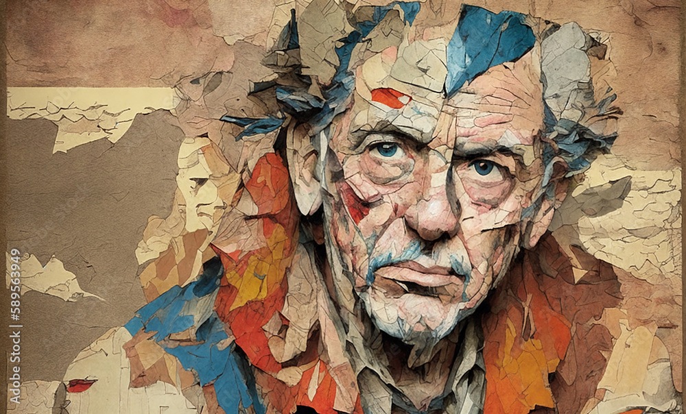 Portraits of elderly man made from scraps of old newspapers ...