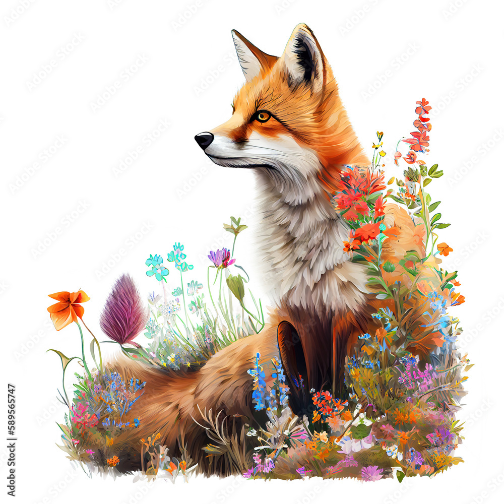 Cute baby fox with wildflowers Clipart Painting Style Transparent ...