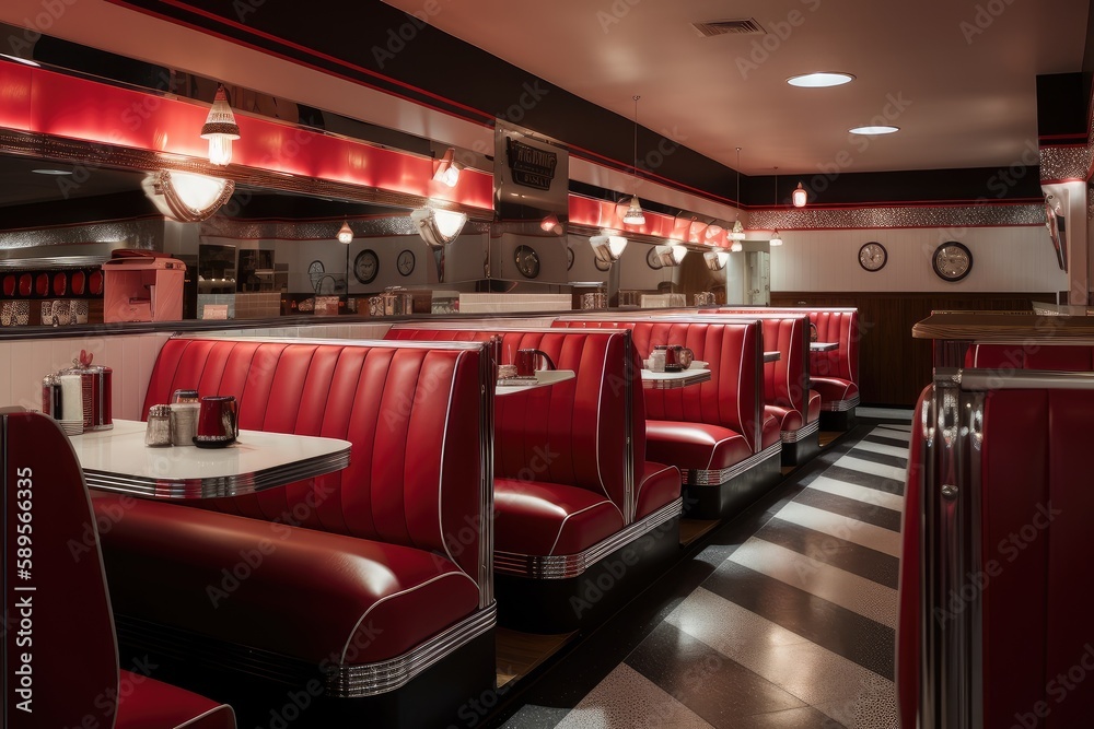 classic diner with red vinyl booths and chrome accents, created with ...