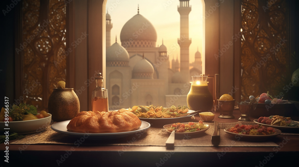 ramadan food mosque background , Generative AI , illustration Stock ...