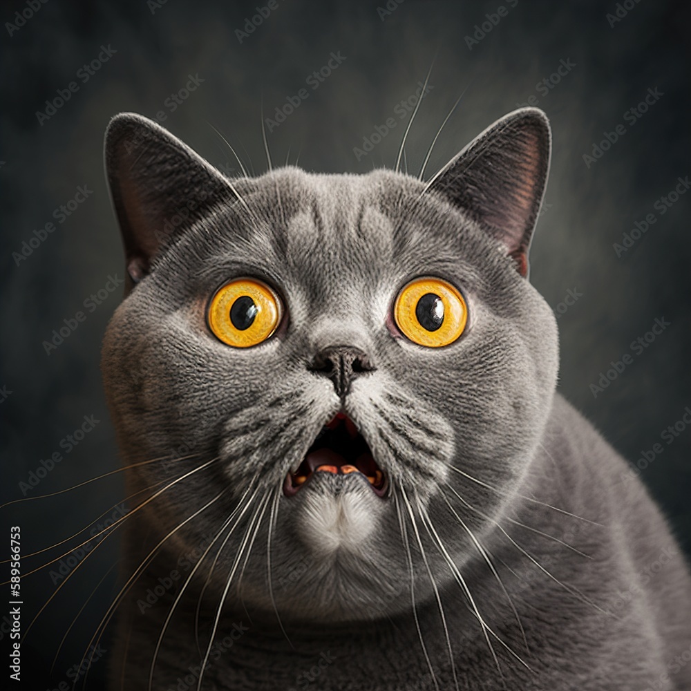 british shorthair cat .funny face portrait looking shocked and ...