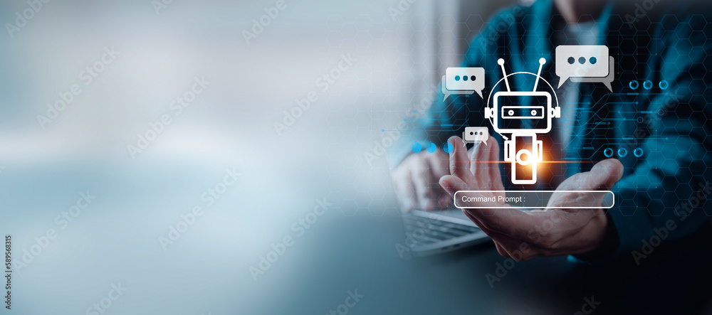 Chatbot chat AI concept, artificial intelligence Businessman touching ...