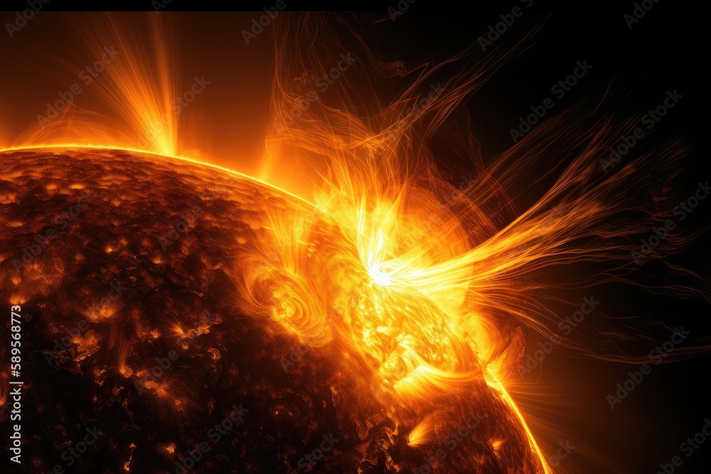 solar flare, with view of the sun's surface, showing the intense and ...
