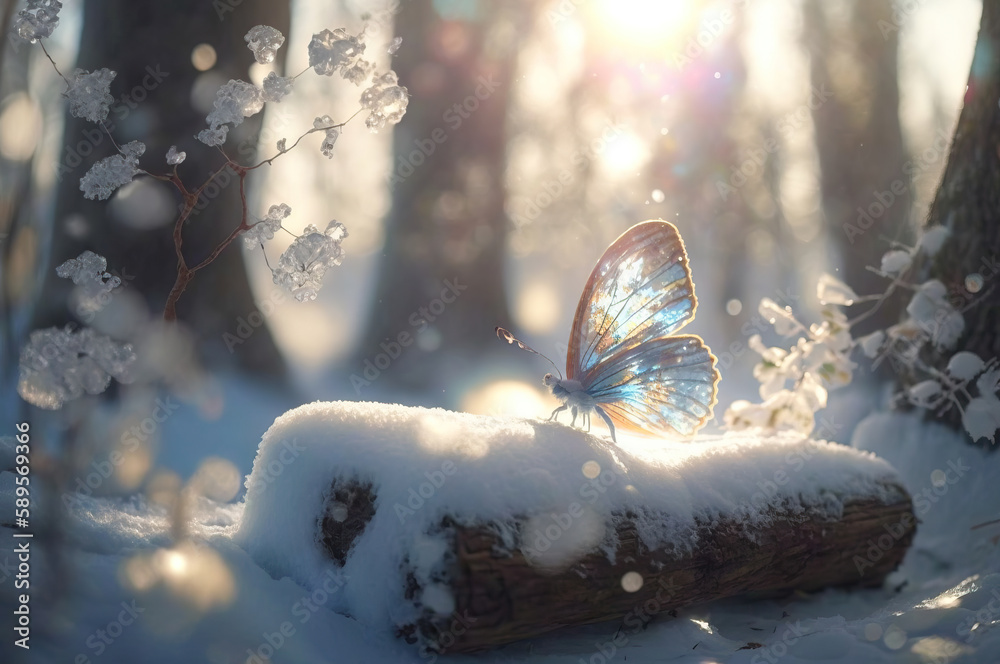 Butterfly in the snow, shiny glowing butterfly, snow background Stock ...