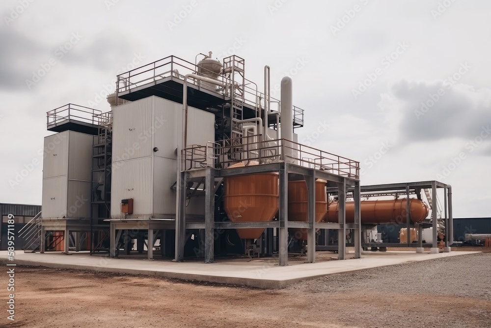 extraction and processing plant with machines, pipes, and containers ...