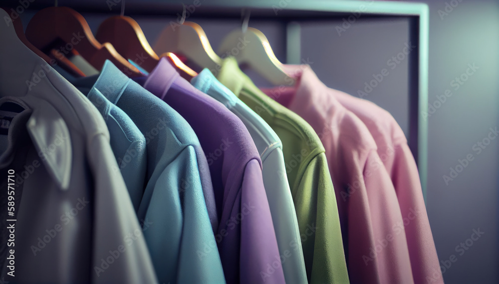 Fashion clothes on clothing rack. Closeup of rainbow color choice of ...