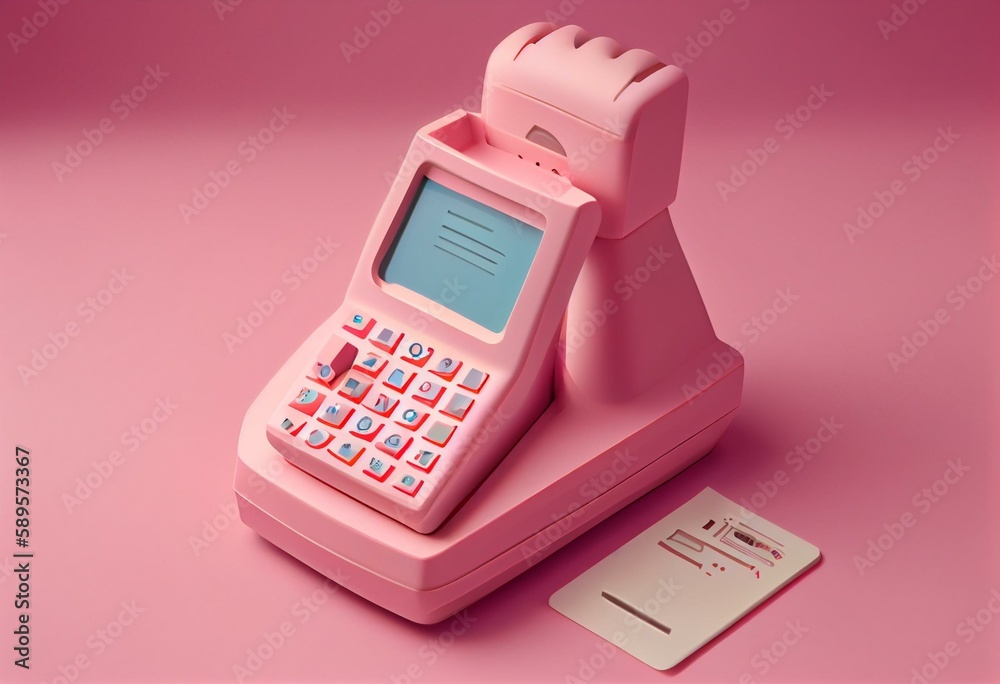 Pink POS terminal for payment with check paper receipts on a pink ...