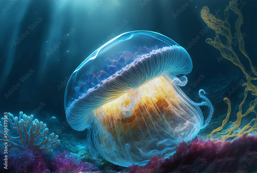 Transparent medusa underwater. AI generated. Stock Illustration | Adobe ...