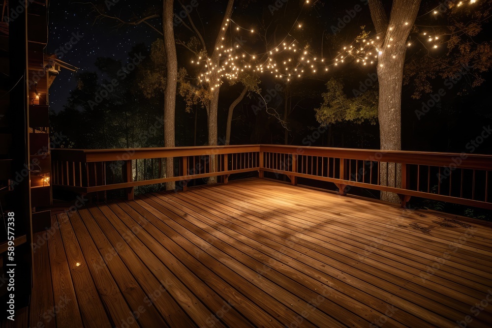 classic wooden deck with overhead view of the night sky, surrounded by ...