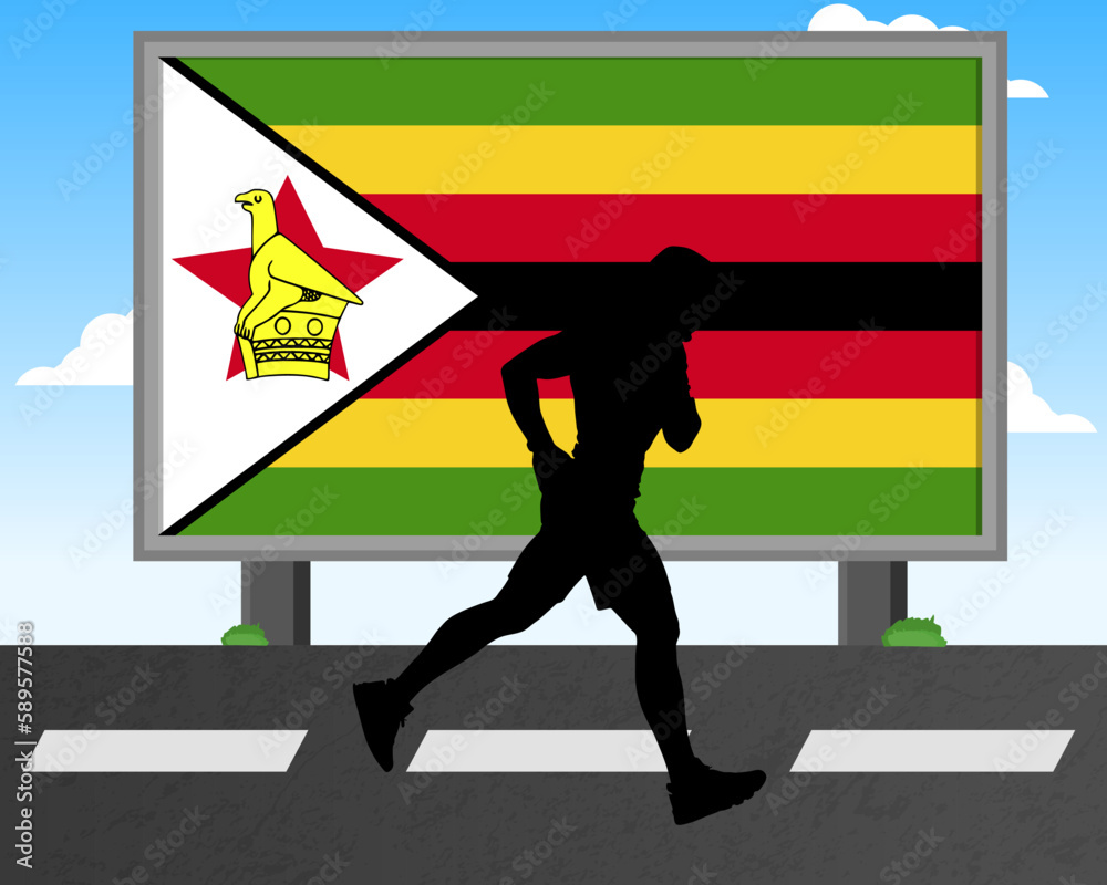 Running man silhouette with Zimbabwe flag on billboard, olympic games ...