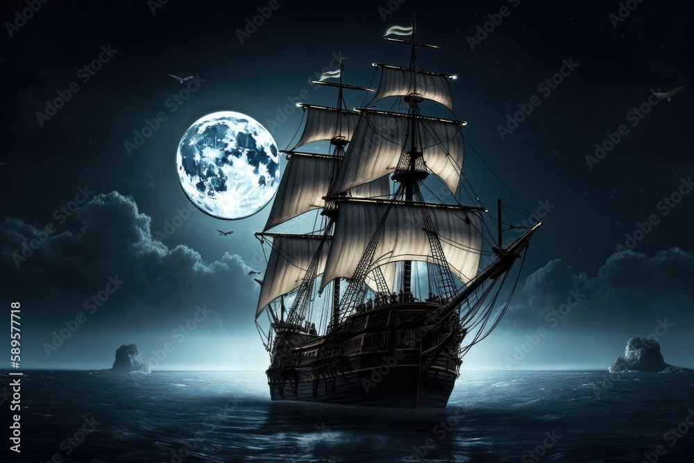 pirate ship sailing on moonlit night, with the full moon shining down ...