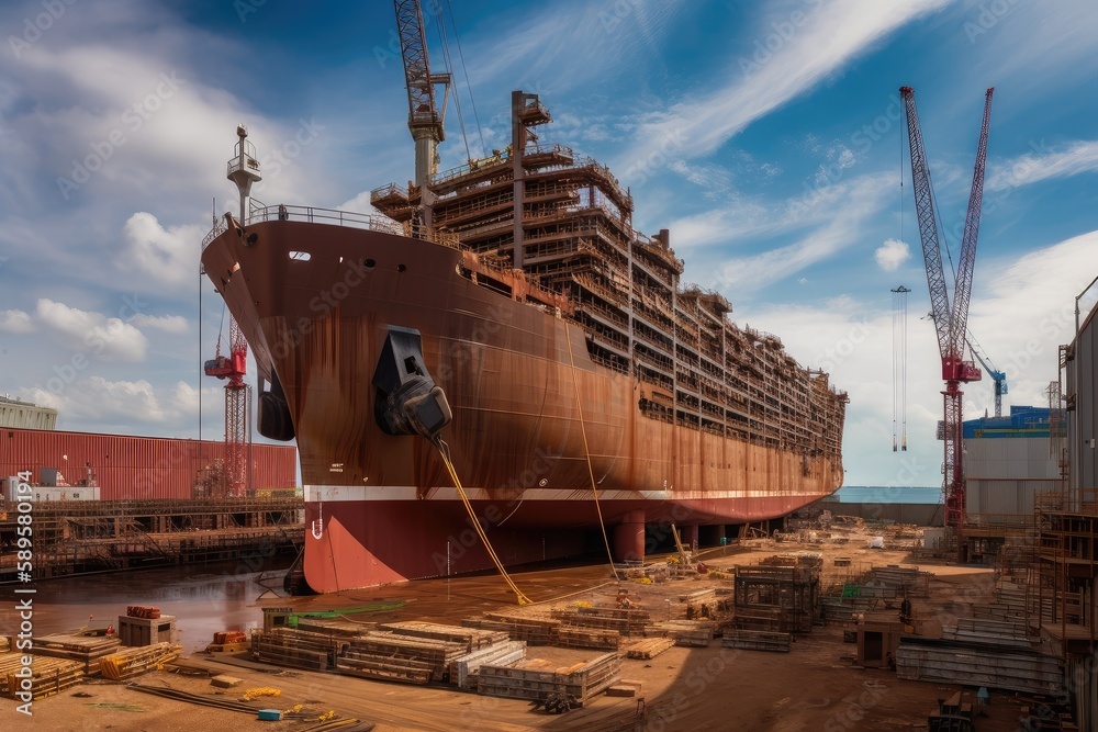 shipyard, with massive ship being built from the keel up, created with ...