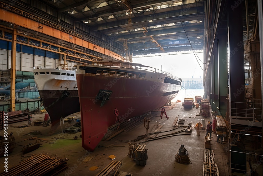 shipyard, with view of workers putting finishing touches on a newly ...