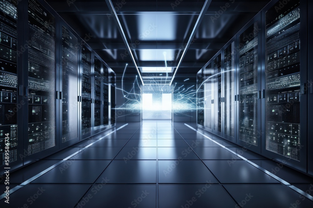 Cloud server room with data storage datacenter space in the corridor ...