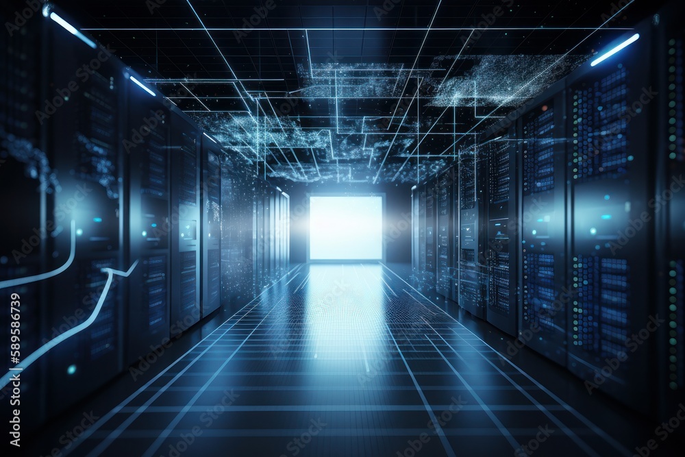 Cloud server room with data storage datacenter space in the corridor ...