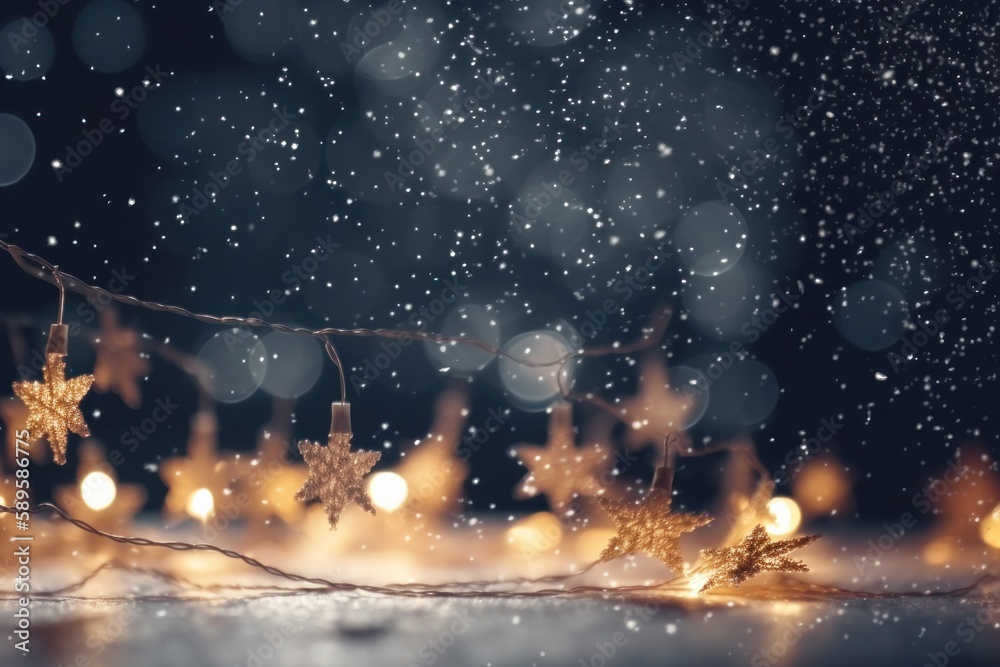 Christmas decoration background with snow, golden stars and bokeh ...