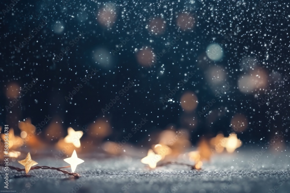Christmas decoration background with snow, golden stars and bokeh ...
