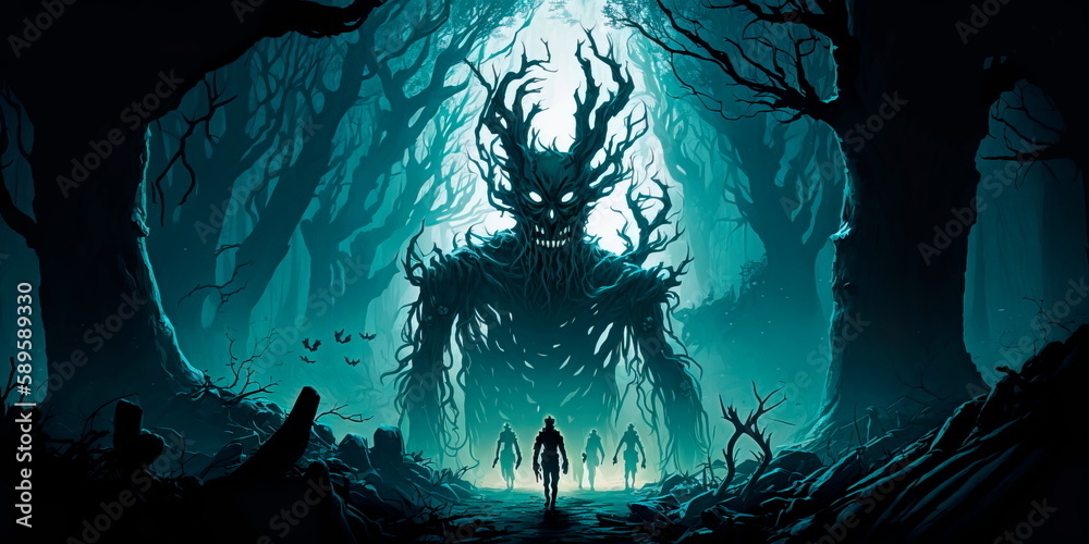 dark, haunted forest filled with malevolent spirits and cursed ...