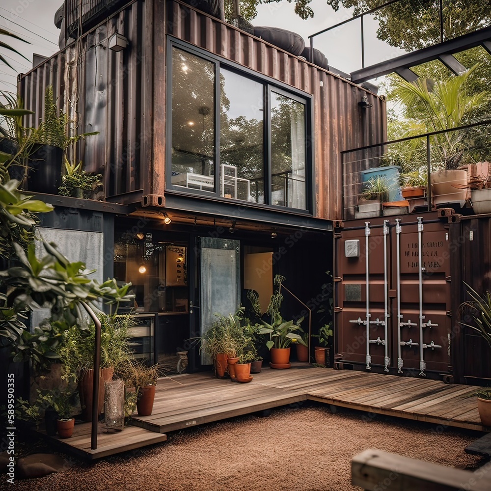 Modern metal building made from shipping containers and in forest and ...